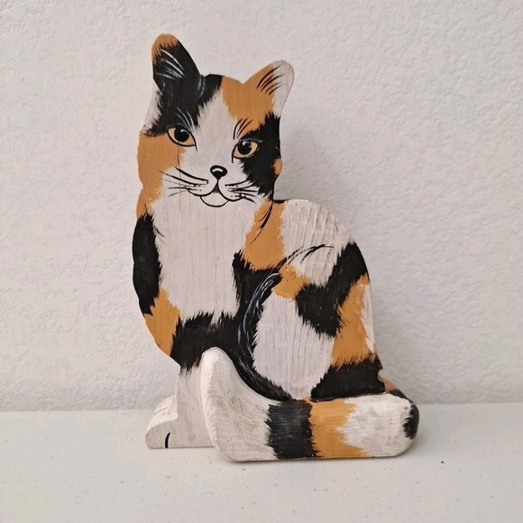 Art | Vintage Folk Art Wooden Kitty Cat Cottage Core Shelf Sitter Hand ...